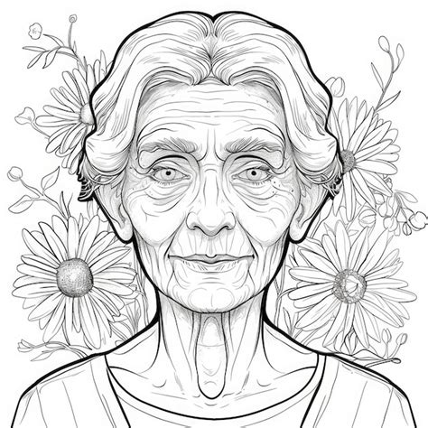 Peinture De Page Portrait Dune Femme âgée Avec Des Fleurs Image