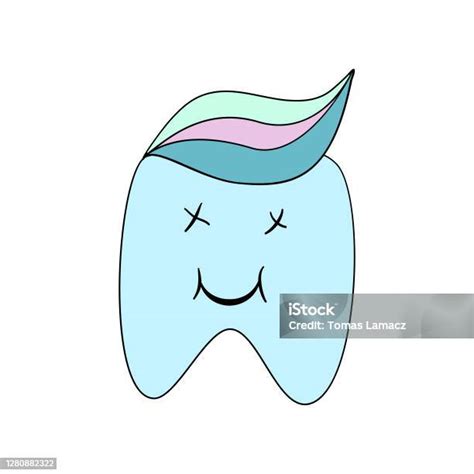 페퍼민트 치약을 곁들인 만화 치아 마스코트 미친 캐릭터 흰색 배경에 고립 된 손으로 그린 벡터 일러스트 레이션 건강관리와 의술에 대한 스톡 벡터 아트 및 기타 이미지