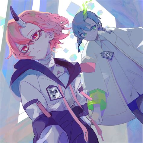 Safebooru 2girls Bandaid Bandaid On Neck Blue Hair Braid Closed Mouth