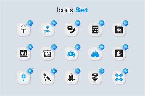 세트 Iv 가방 의사 약속 크로스 병원 의료 위치 교차 붕대 석고 혈액 검사 치과 임플란트 및 구급차 자동차 아이콘 벡터 1위에 대한 스톡 벡터 아트 및 기타 이미지