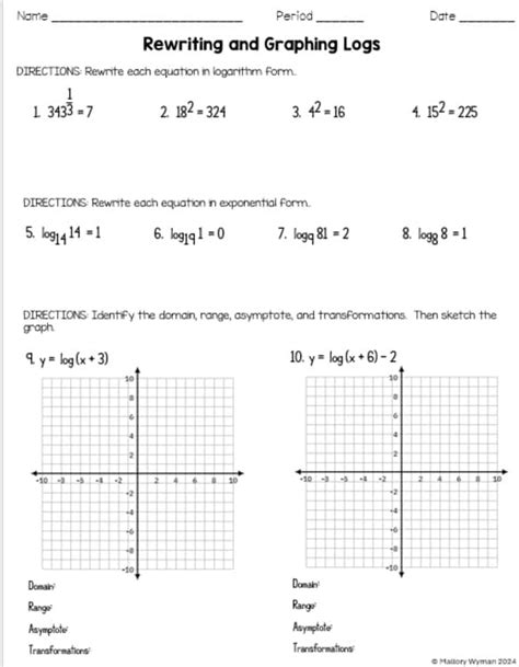 Rewriting And Graphing Logarithmic Functions Assignment Tpt