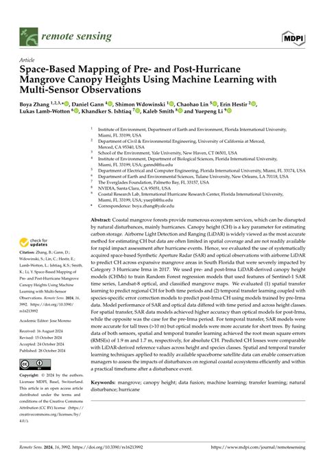Pdf Space Based Mapping Of Pre And Post Hurricane Mangrove Canopy Heights Using Machine