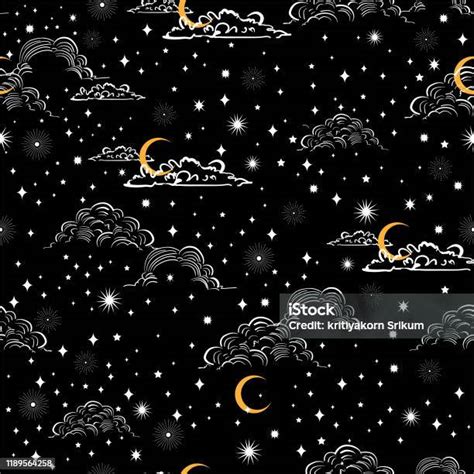 달 별과 구름 공간 별 원활한 패턴 벡터 패션 직물 웹 벽지 포장 및 모든 인쇄를위한 디자인 중 손으로 그린 스크래치 스타일의 밤 하늘 0명에 대한 스톡 벡터 아트 및 기타