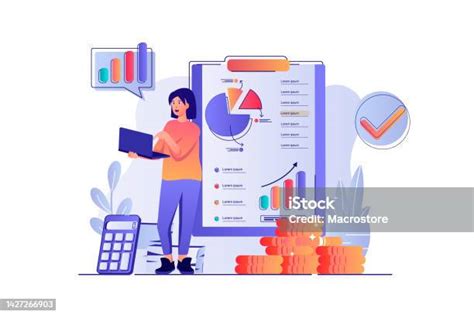 사람들 장면과의 회계 개념 재무 데이터 및 통계 회사 이익 또는 사업 소득을 연구하는 여성 부기장 웹용 플랫 디자인의 문자가 있는 벡터 일러스트 레이 션 금융에 대한 스톡