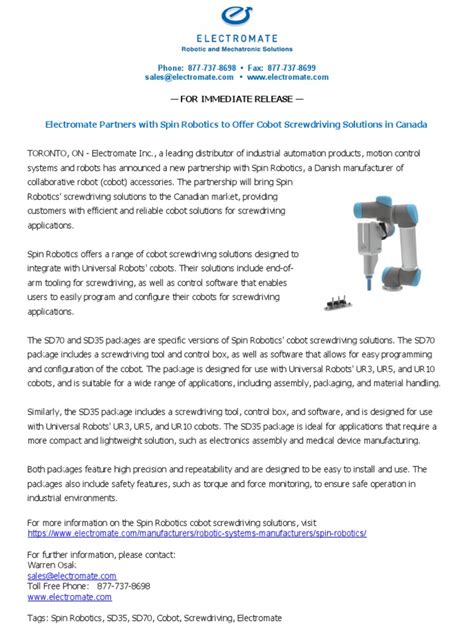 Electromate Partners With Spin Robotics To Offer Cobot Screwdriving Solutions In Canada Pdf