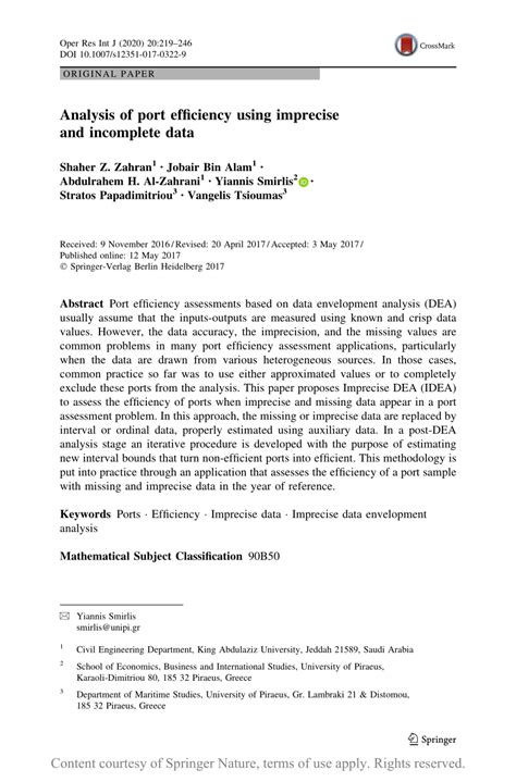 Analysis Of Port Efficiency Using Imprecise And Incomplete Data