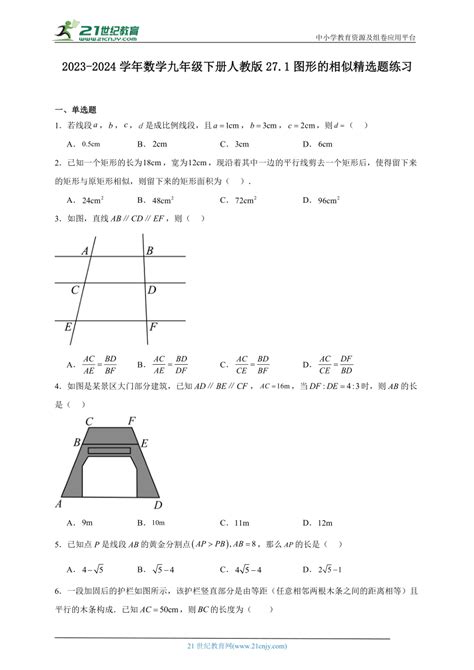 2023 2024学年数学九年级下册人教版27 1图形的相似精选题练习（含解析） 21世纪教育网 二一教育