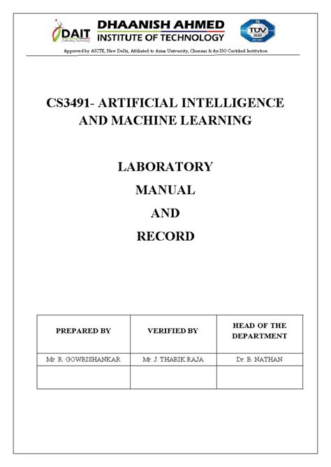 AI ML Lab Manual CS3491 ARTIFICIAL INTELLIGENCE AND MACHINE