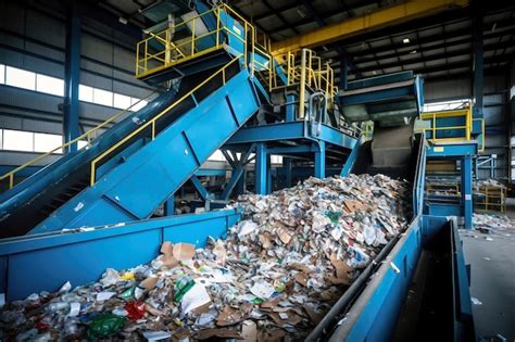 폐기물 분류 공장 다양한 가정 쓰레기로 채워진 다양한 컨베이어 및 통 컨베이어 폐기물 처리 및 재활용 폐기물 처리 공장 프리미엄 사진