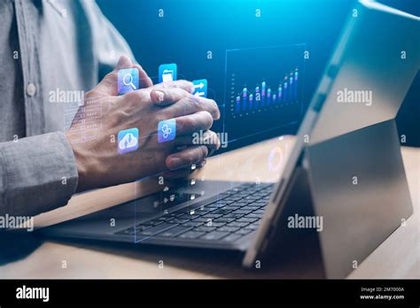 Business Finance Data Analytics Graph Chart Report With Kpi Man Using Laptop Computer Data