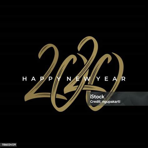 해피 2020 새해 타이포그래피 레터링 손으로 그린 황금 브러쉬 텍스트 골드와 검은 배경에 흰색 벡터 빈티지 우아한 디자인 0명에 대한 스톡 벡터 아트 및 기타 이미지