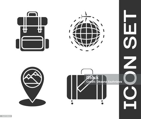 여행과 스티커를 위한 여행 가방 하이킹 배낭 산이 있는 지도 포인터 비행 비행기 아이콘이 있는 지구본을 설정합니다 벡터 0명에 대한 스톡 벡터 아트 및 기타 이미지 Istock
