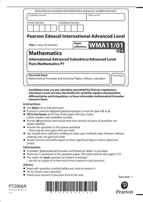 Pearson Edexcel International Advanced Level Jan 2023 As Pure Mathematics P1 A Level Maths