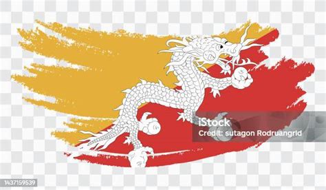 부탄 국기와 함께 그런지 브러시 스트로크 수채화 그림 깃발 포스터 국기의 배너 스타일 수채화 그리기 투명한 배경에 격리된