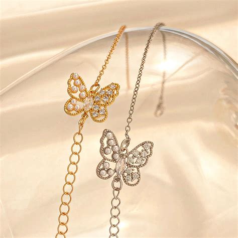 Badu Bg Гривна за глезени с издълбани кристали и пеперуди за жени Двуслойна верига за крака