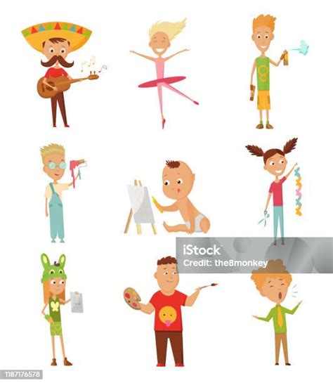 아이 활동의 세트 아이가 그림을 그리는 기타를 연주 댄스 발레 컬러 종이를 절단 노래를 노래 벡터 및 일러스트레이션 개체 그룹에 대한 스톡 벡터 아트 및 기타 이미지