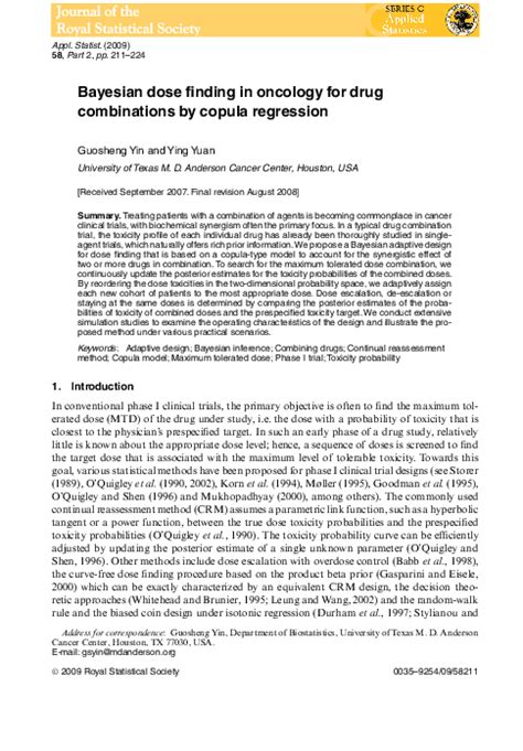 Pdf Bayesian Dose Finding In Oncology For Drug Combinations By Copula