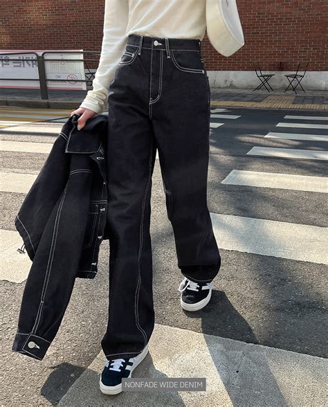 메이빈스 당일발송 던 스티치 와이드 데님 팬츠 데일리 꾸안꾸 청바지 진청 논페이드 이염없음 생지데님