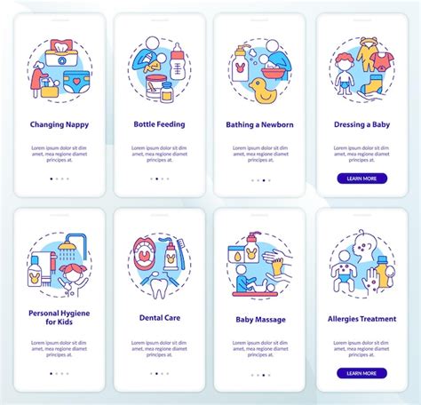 자녀 온보딩 모바일 앱 페이지 화면 세트를 양육합니다 건강 관리 및 위생 연습은 개념이 있는 4단계 그래픽 지침입니다 선형 컬러 일러스트레이션이 있는 Ui Ux
