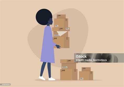골판지 상자 더미를 들고 젊은 흑인 여성 캐릭터 배달 서비스 택배 배달에 대한 스톡 벡터 아트 및 기타 이미지 배달 새