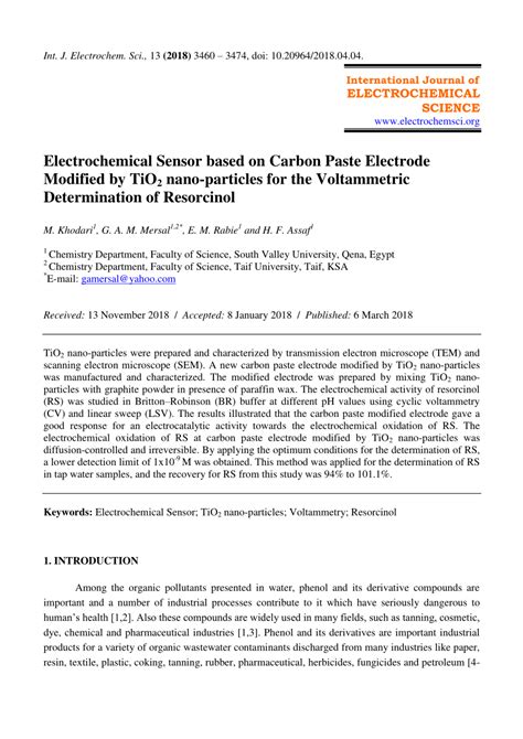 Pdf Electrochemical Sensor Based On Carbon Paste Electrode Modified By Tio2 Nano Particles For