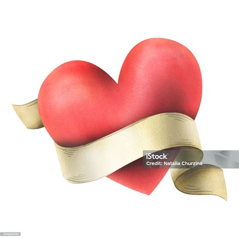 발렌타인 데이를 위해 종이 두루마리에 싸인 빨간 하트 비문을위한 빈 템플릿 손으로 그린 수채화 그림 흰색 배경에 격리된 요소입니다 2월에 대한 스톡 벡터 아트 및 기타