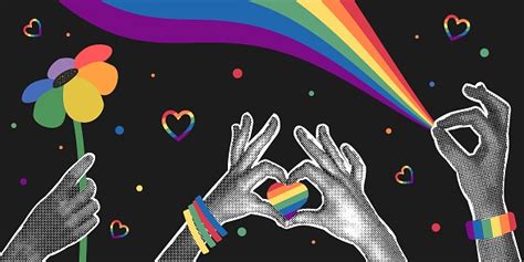 어두운 배경에 하프 톤 콜라주의 트렌디 한 세트입니다 Lgbt 엠블럼 무지개 꽃 깃발을 들고 있는 손 성별 다양성 통일성 개념