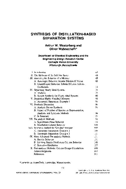 Pdf Synthesis Of Distillation Based Separation Systems