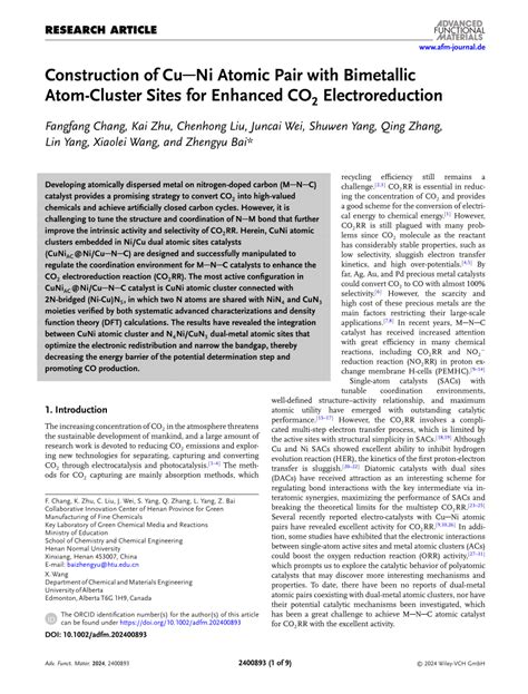 Construction Of Cu─ni Atomic Pair With Bimetallic Atom‐cluster Sites For Enhanced Co2