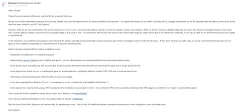 response from rsi regarding installing error r starcitizen