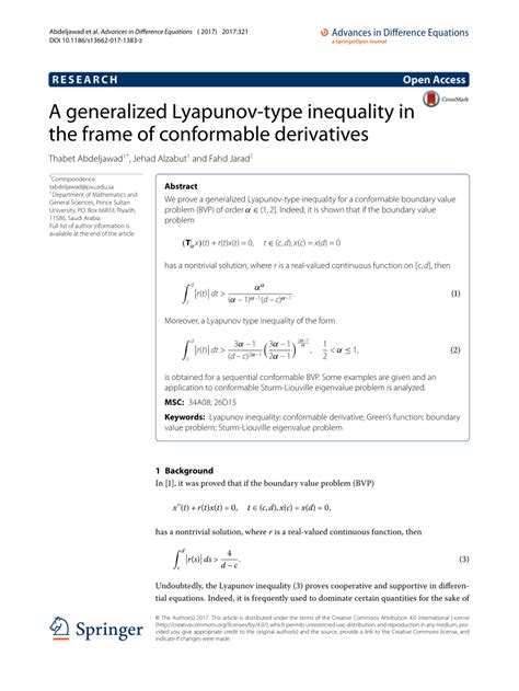 Pdf A Generalized Lyapunov Type Inequality In The Frame Of Conformable Derivatives