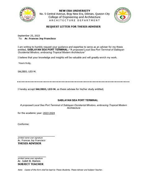 2023 Neu Request Letter For Thesis Adviser Salibio Pdf
