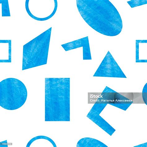 흰색 배경에 격리 된 파란색 원 마옴 사각형 사각형 삼각형 및 기타 기하학 모양이있는 수채화 손 그린 기하학적 그림 이음새없는 패턴 트렌디 한 인쇄 0명에 대한 스톡 벡터