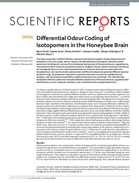 Pdf Differential Odour Coding Of Isotopomers In The Honeybee Brain