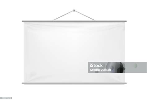 빈 프로젝션 화면 모형 벡터 3d 사실적입니다 밧줄에 매달려 흰색 템플릿 브랜딩 광고 컨퍼런스 쇼를 위한 복사 공간이 있는