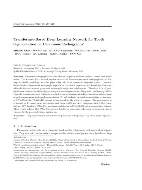 Transformer Based Deep Learning Network For Tooth Segmentation On Panoramic Radiographs Pdf