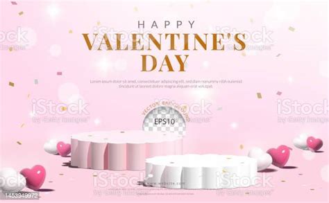 제품 디스플레이를 위한 발렌타인 데이 개념 분홍색 분홍색 배경에 하트 풍선과 색종이가 있는 흰색 연단 꽃 모양 벡터 일러스트 레이 션 강단에 대한 스톡 벡터 아트 및 기타