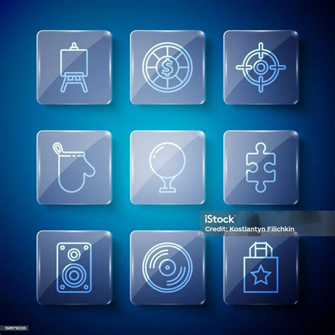 세트 라인 스테레오 스피커 비닐 디스크 종이 쇼핑백 대상 스포츠 티에 골프 공 오븐 장갑 이젤 페인팅 아트 보드 및 퍼즐 아이콘 조각 벡터 겨냥에 대한 스톡 벡터 아트 및