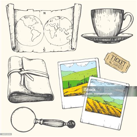 손으로 그린 세트 사진 티켓 컵 돋보기 지도 함께 여행 흰색 바탕에 스케치 스타일에서 벡터 일러스트입니다 브러시 서 예