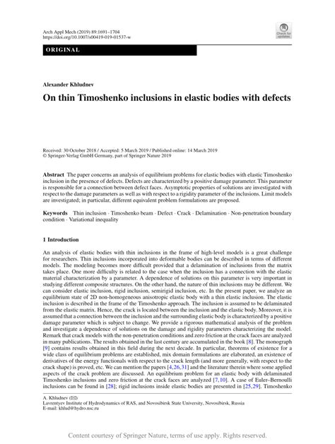 On Thin Timoshenko Inclusions In Elastic Bodies With Defects Request Pdf