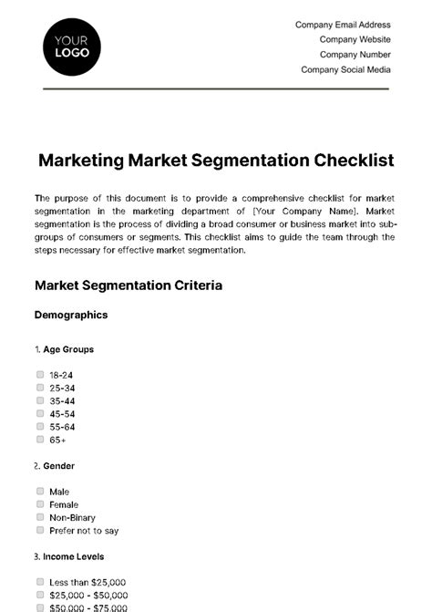 Free Marketing Market Segmentation Checklist Template To Edit Online