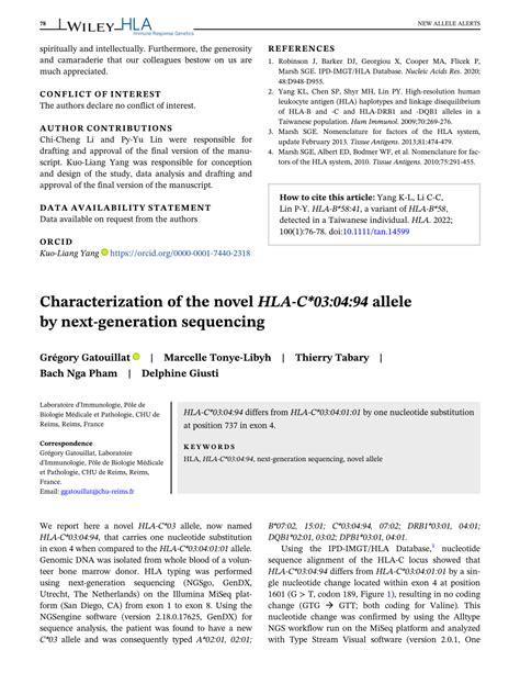 Characterization Of The Novel Hla‐c 03 04 94 Allele By Next‐generation Sequencing Request Pdf