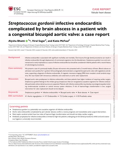Pdf Streptococcus Gordonii Infective Endocarditis Complicated By Brain Abscess In A Patient
