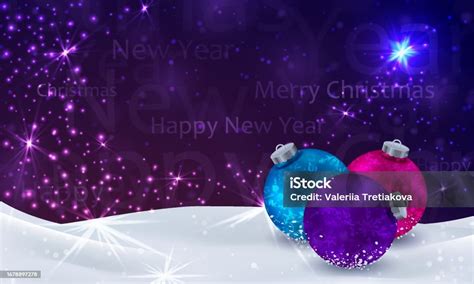 보라색 배경에 Noght 눈 별 파란색 분홍색 크리스마스 공이 있는 배너 크리스마스 디자인 장식 벡터 그림입니다 새해 벽지입니다 12월에 대한 스톡 벡터 아트 및 기타