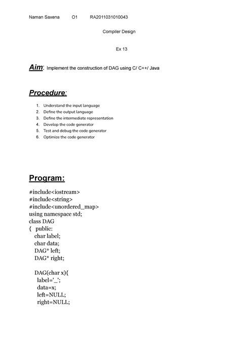 Ex13 Compiler Design Cd Exp 13 Naman Saxena O1 Ra Compiler Design