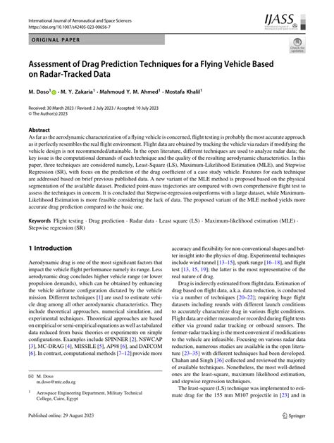Pdf Assessment Of Drag Prediction Techniques For A Flying Vehicle Based On Radar Tracked Data