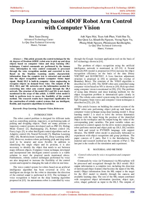 pdf deep learning based 6dof robot arm control with computer vision