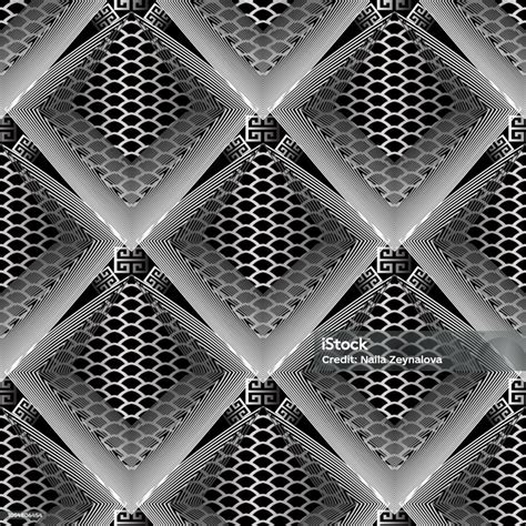 현대 기하학적 3d 벡터 완벽 한 패턴입니다 줄무늬 레이디얼 마름모 모양 프레임입니다 그리스 키 Meander 장식입니다 표면 텍스처입니다 장식용 창조적인 질감된 그리드