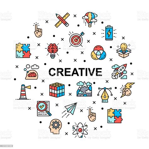 크리에이티브 서클 프로모션 아이콘 배너입니다 선형 아이콘 일러스트가 있는 혁신 시작 아트워크 프로젝트 아이디어 디자인 요소 개념에 대한 스톡 벡터 아트 및 기타 이미지