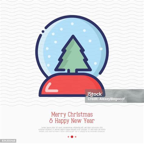 스노우 글로브 얇은 라인 벡터 일러스트 레이 션 내부 눈송이와 크리스마스 트리 크리스마스와 새 해에 대 한 간단 하 고 현대 인사말 카드 스노우 글러브에 대한 스톡 벡터